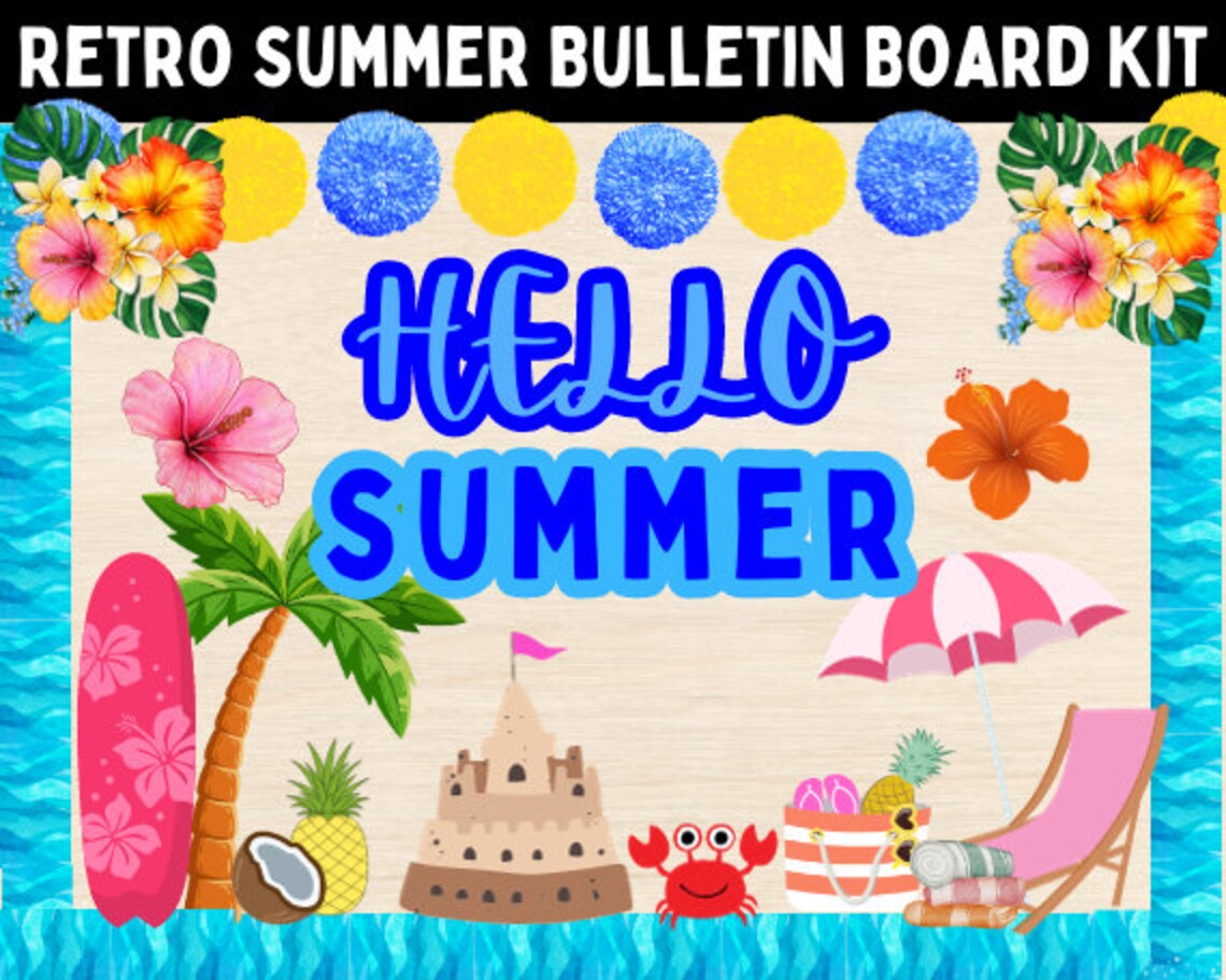 Summer Retro Bulletin Board Kit L Retro Hello Summer Bulletin Board Set ...