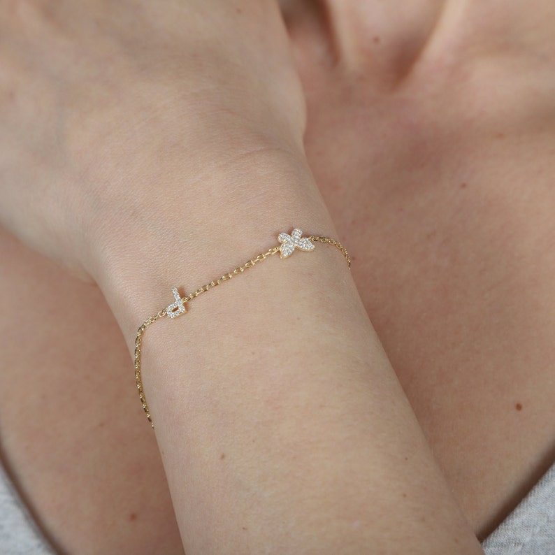 Pave Butterfly Initial Bracelet, Personalized Butterfly Bracelet, Pave Initial Letter Armband - Etsy