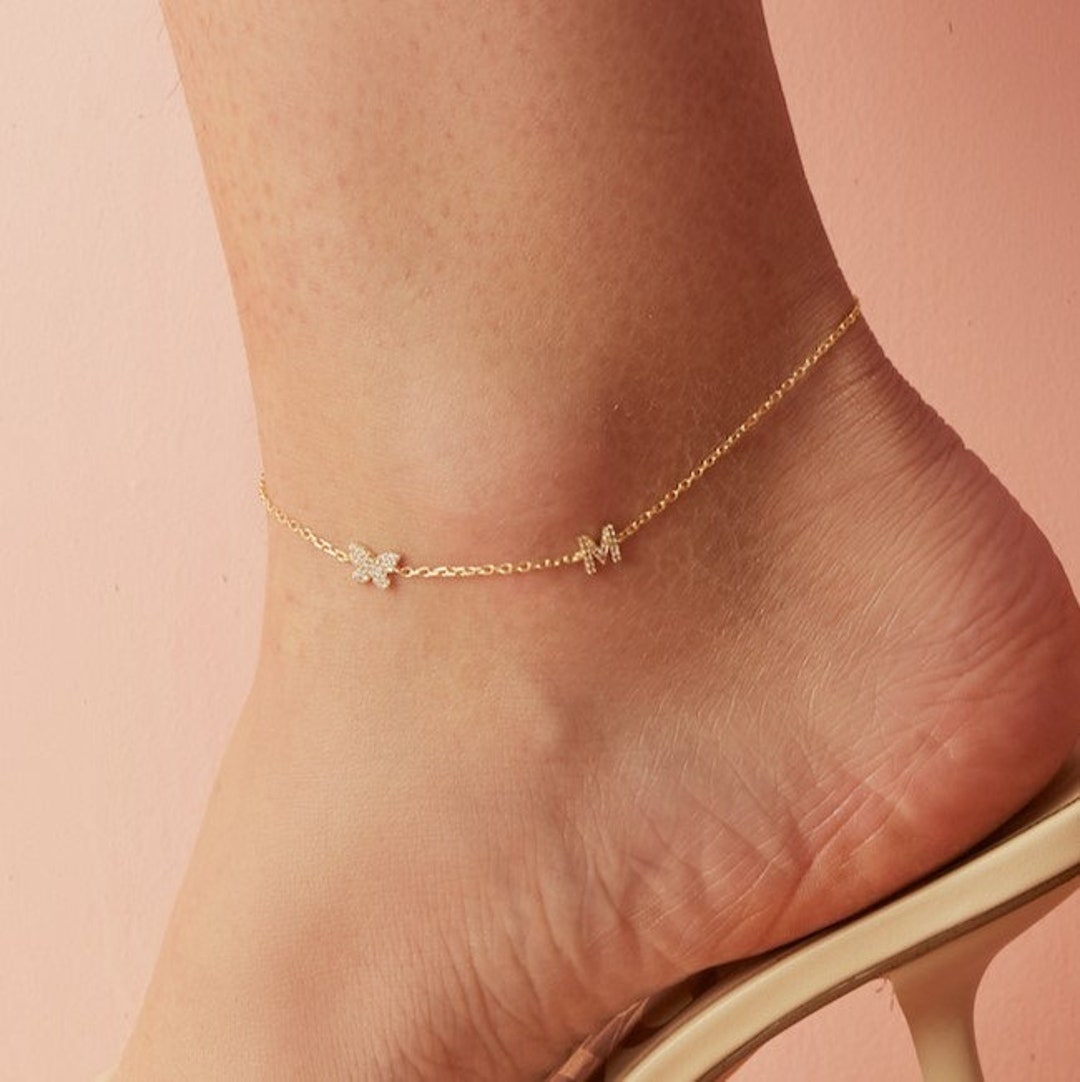 Pavé Butterfly Initial Anklet Personalized Gold Plated Customized Ankle ...