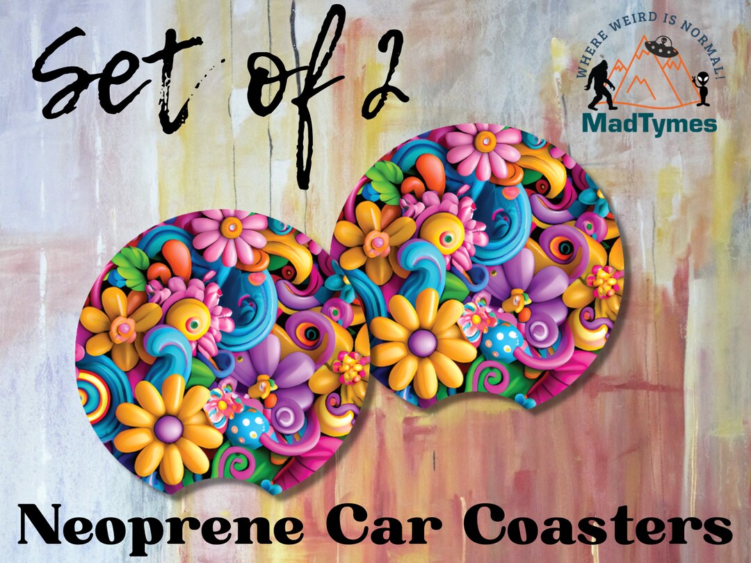 Car Coasters Set of 2 Bright Cheerful Flowers & Ribbons Print Car ...