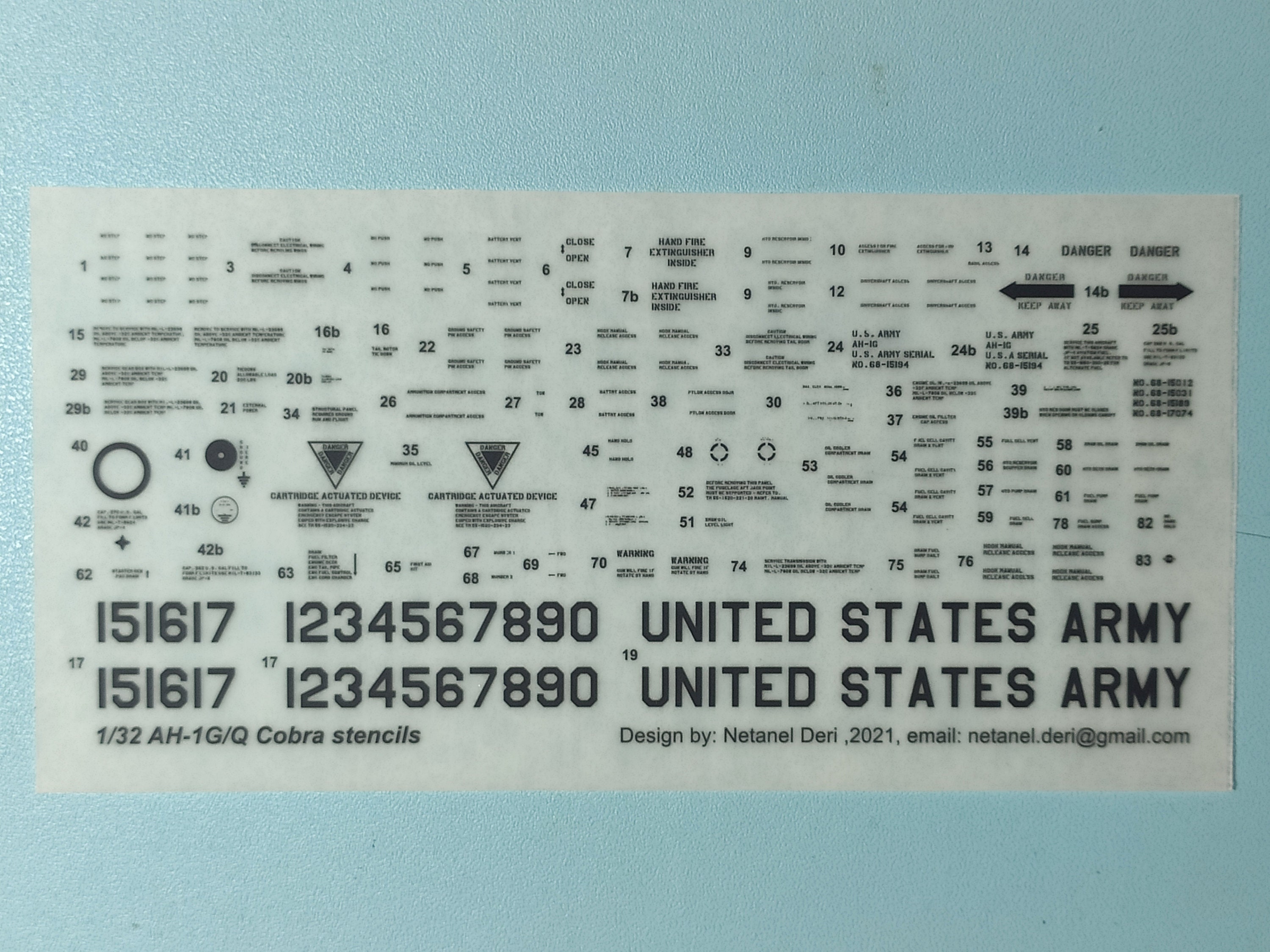 1/32 IAF AH-1G/Q Cobra Stencils & Marking Laser Print Color Decals Dry ...