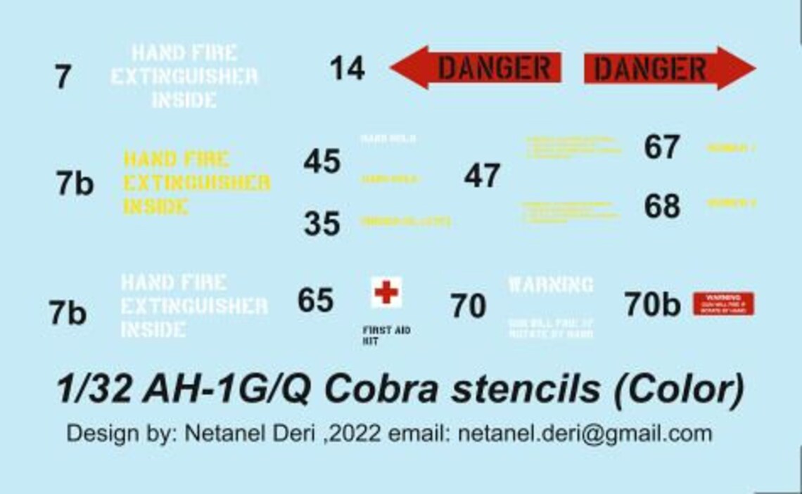 1/32 IAF AH-1G/Q Cobra Stencils & Marking Laser Print Color Decals Dry ...