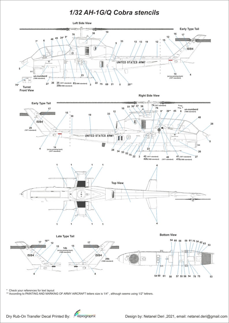 1/32 IAF AH-1G/Q Cobra Stencils & Marking Laser Print Color Decals Dry ...
