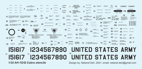 1/32 IAF AH-1G/Q Cobra Stencils & Marking Laser Print Color Decals Dry ...