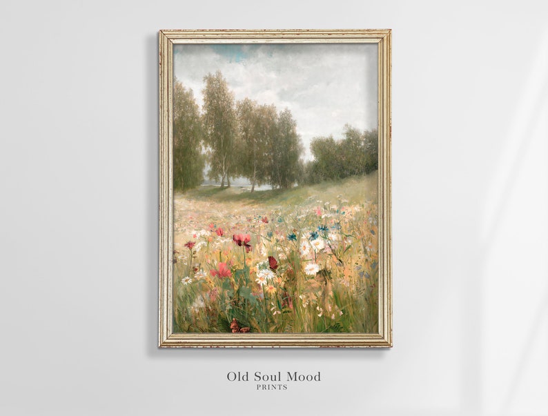 Vintage Spring Landscape Painting, Country Field Decor, Nature Art ...