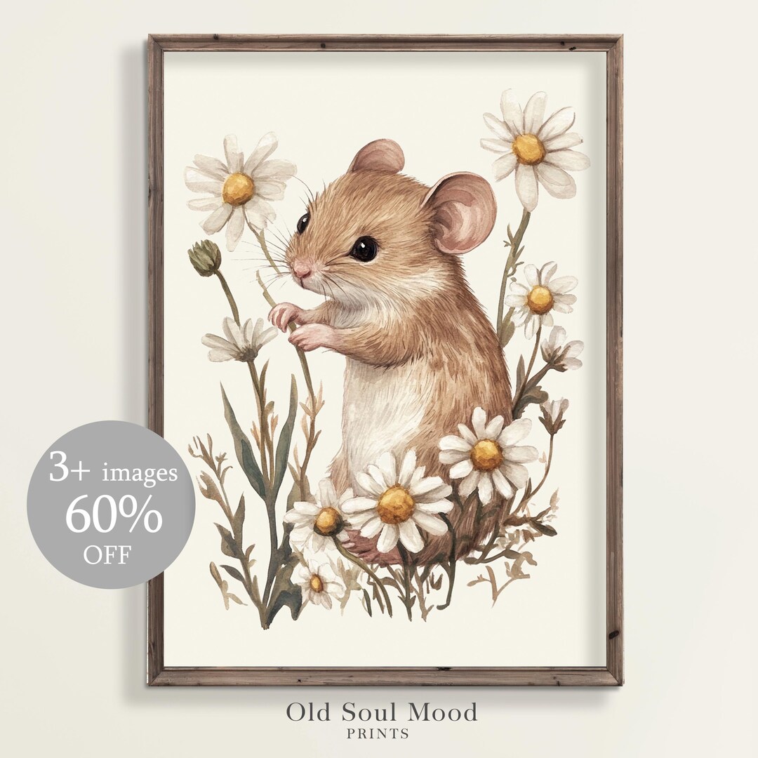 Nursery Mouse Art Print, Mouse With Daisies Painting, Vintage Nursery ...