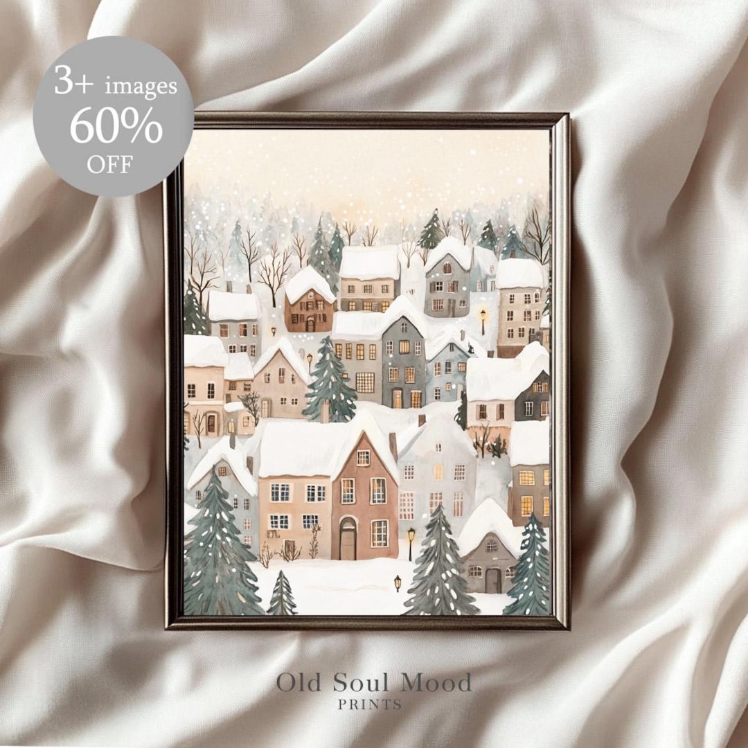 Winter Village Art, Christmas Village Painting, Vintage Winter Scene ...
