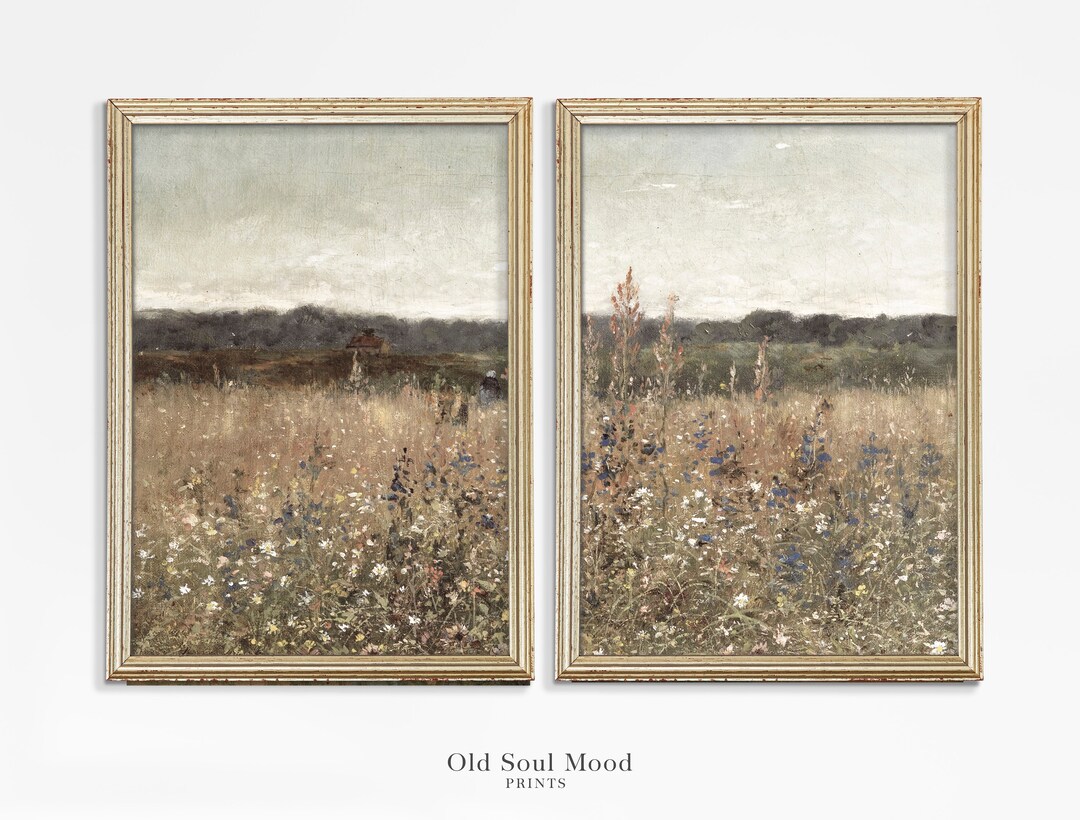 Wall Art Set of 2 Neutral Landscape, Wildflower Landscape Painting Set ...