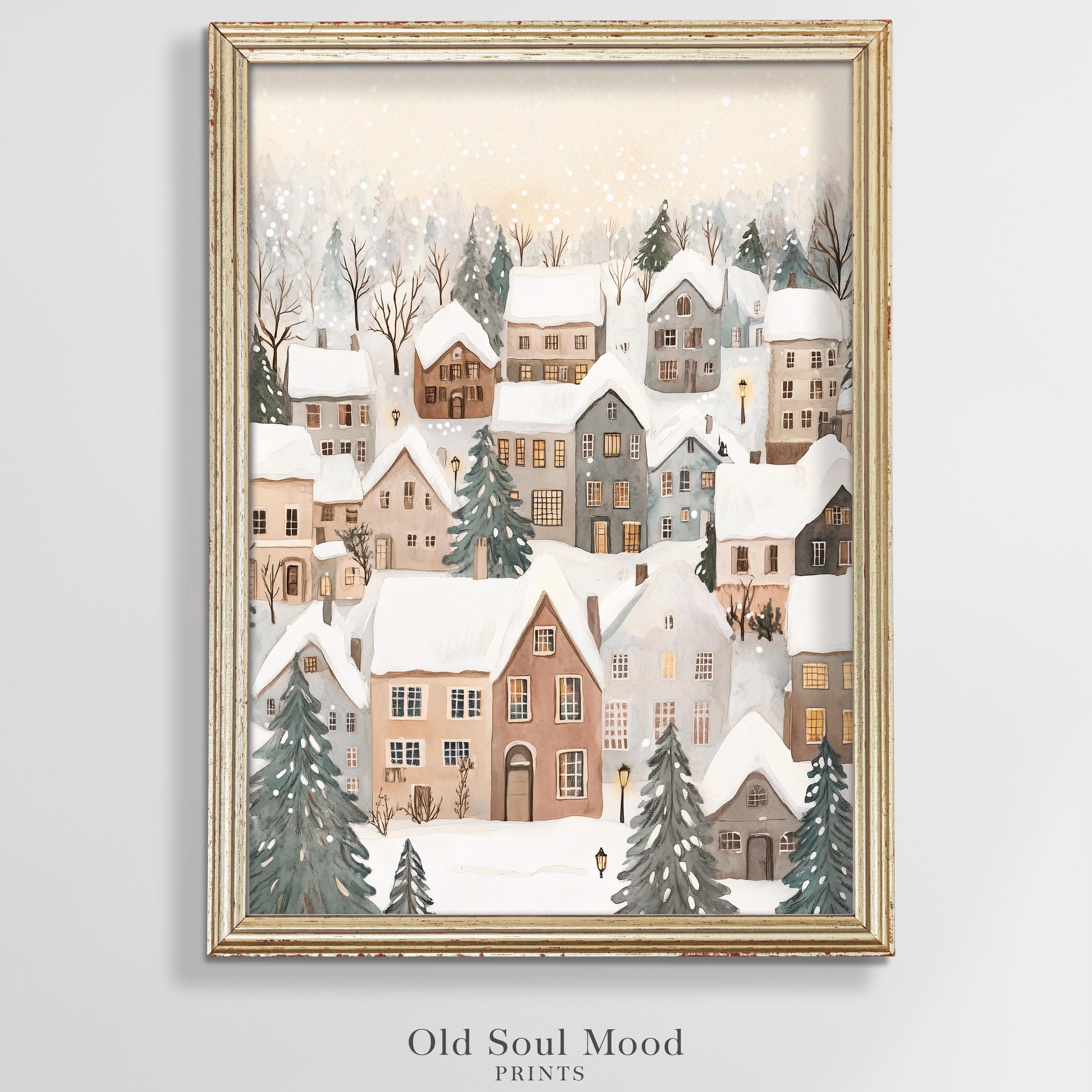Winter Village Art, Christmas Village Painting, Vintage Winter Scene ...