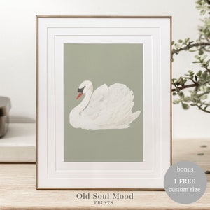 White Swan Vintage Painting, Sage Grey Oil Painting, Black Swan Art ...