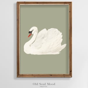 White Swan Vintage Painting, Sage Grey Oil Painting, Black Swan Art ...