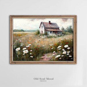 Wildflower Field Landscape Painting, Neutral Watercolor Meadow Wall Art ...