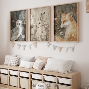 Wall Art Set of 3 Woodland Animals, Rabbit Poster, Fox Art, Owl Print ...