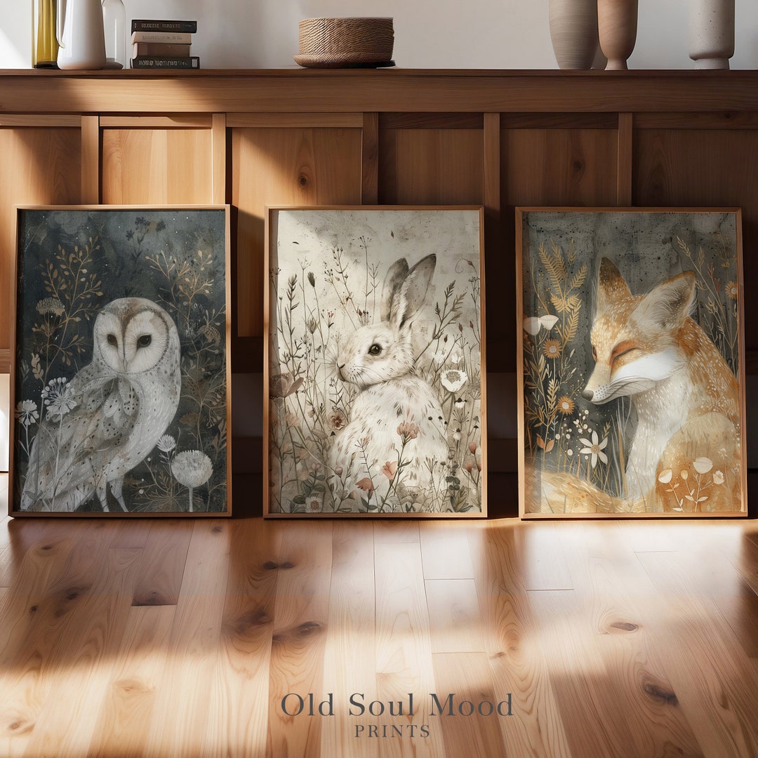 Wall Art Set of 3 Woodland Animals, Rabbit Poster, Fox Art, Owl Print ...