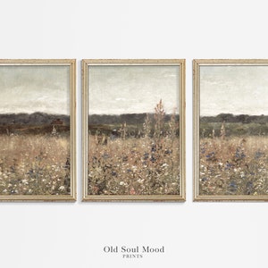 Wall Art Set of 3 Neutral Landscape, Wildflower Landscape Painting Set ...