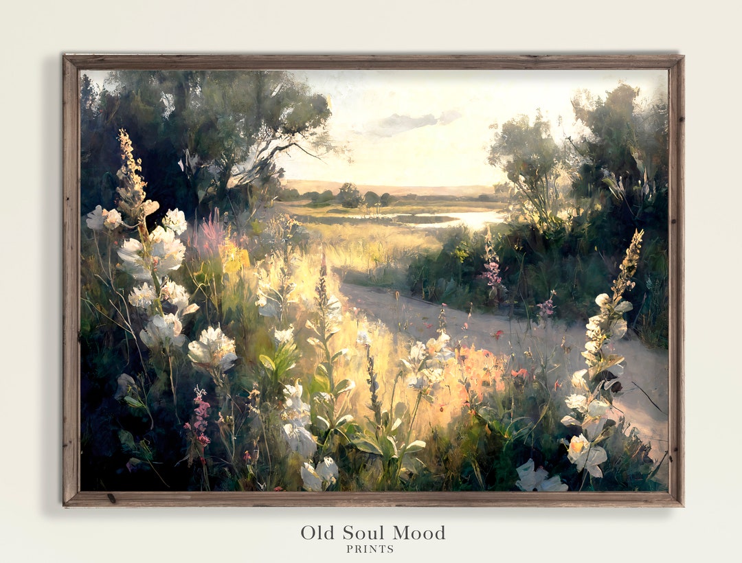 Wildflower Field Painting, Vintage Flower Print, Field Landscape Oil ...