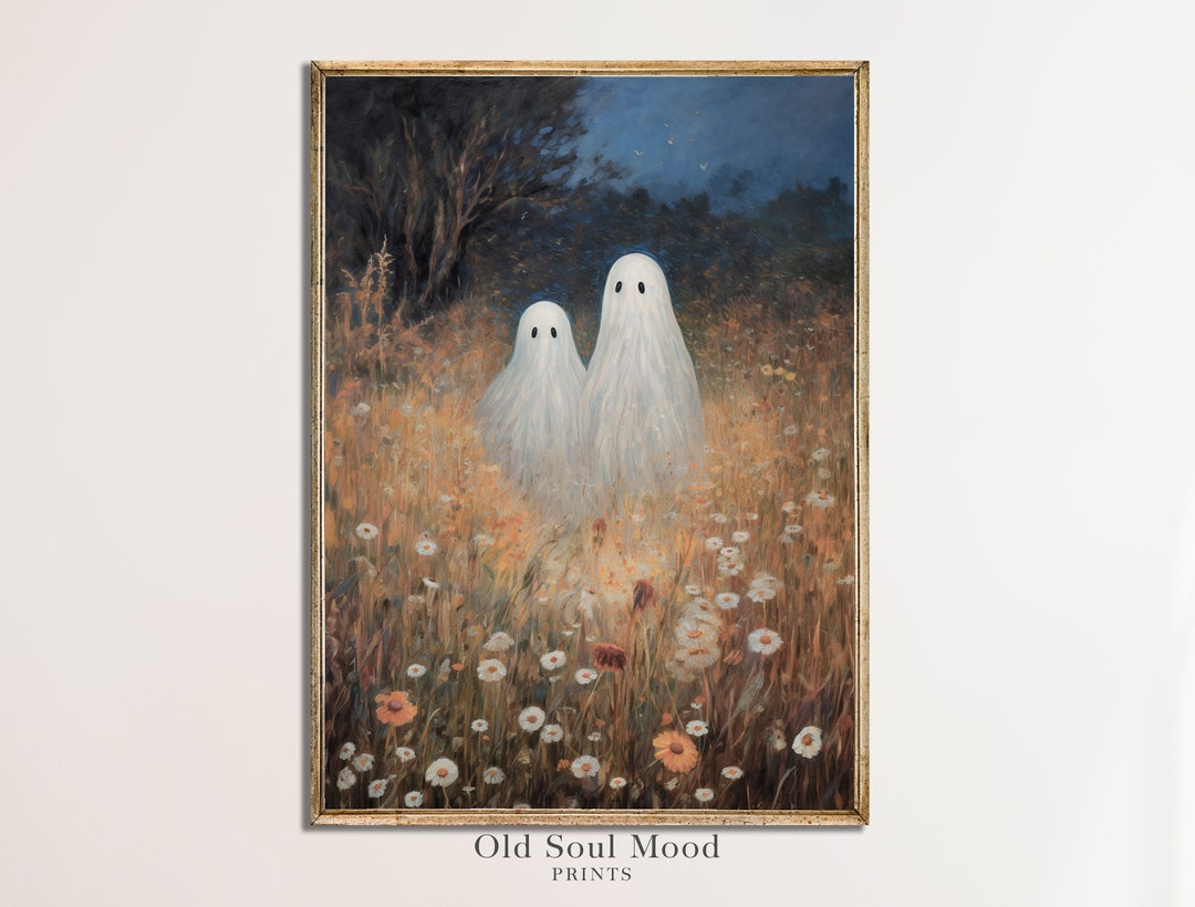 Cute Ghosts in the Wildflower Field, Halloween Vintage Paint, Spooky ...