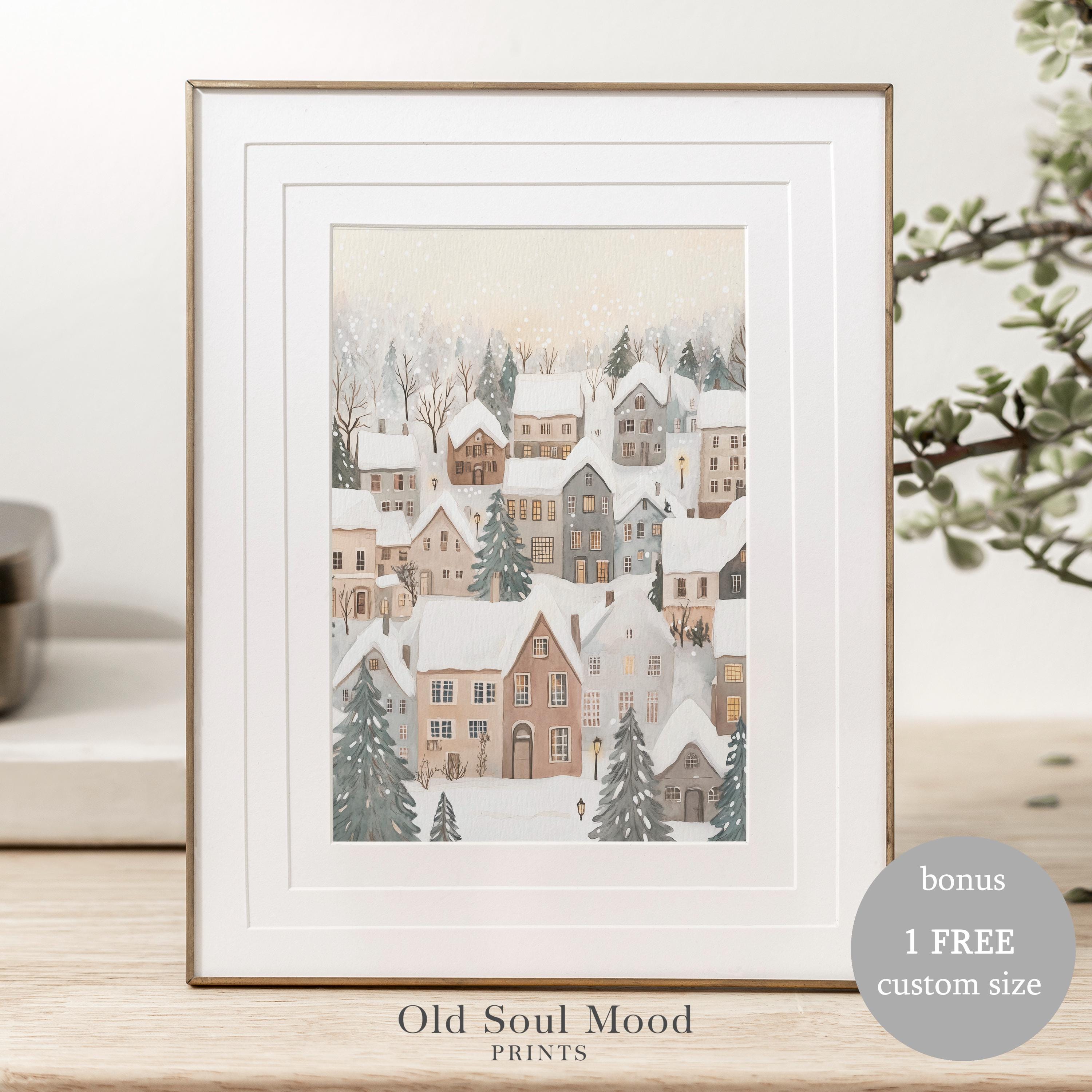 Winter Village Art, Christmas Village Painting, Vintage Winter Scene ...