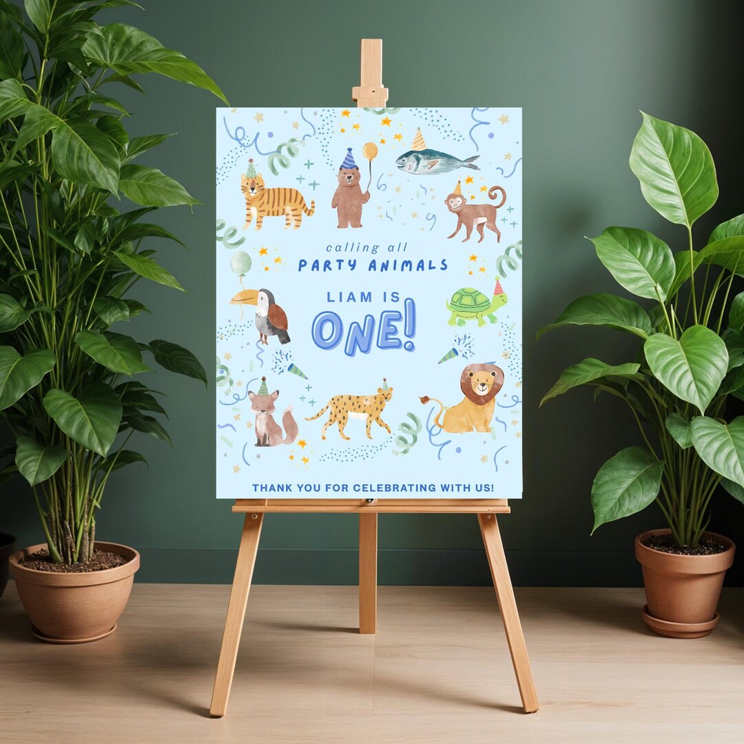 BLUE Party Animal ZOO Birthday Welcome Sign – Editable Canva Template ...