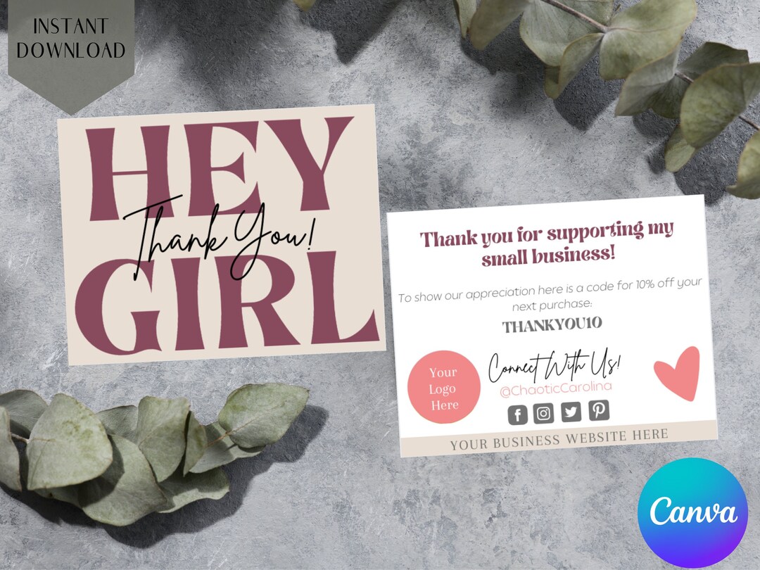 Hey Girl Thank You Card Template Canva Template Digital Download - Etsy