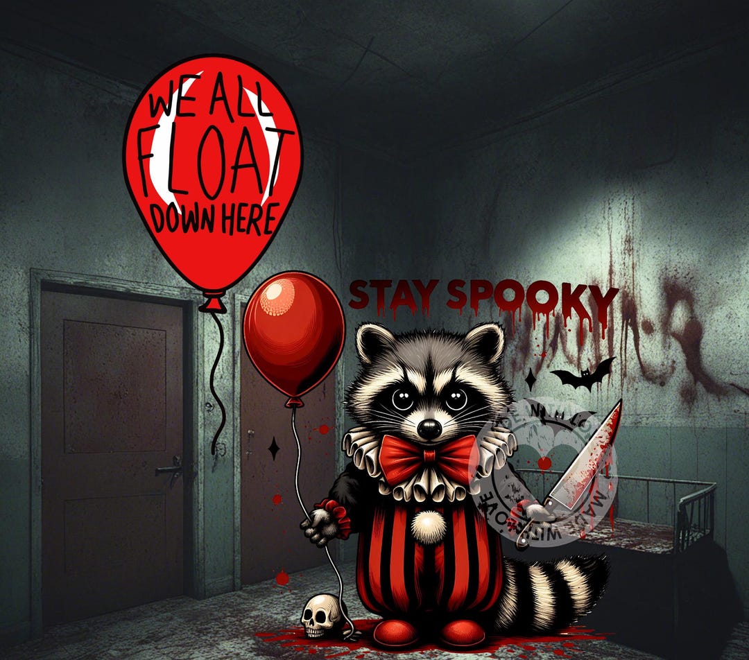 Clown Racoon Balloon We All Float Stay Spooky Asylum Halloween 20 Oz ...
