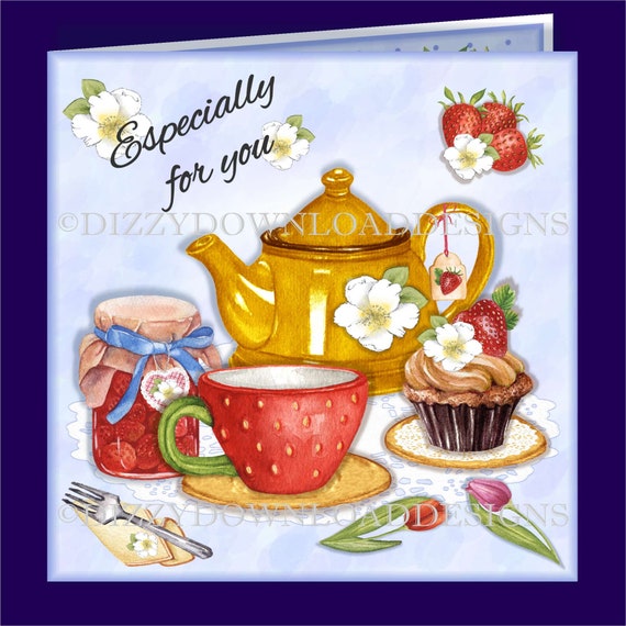 Strawberry Tea Downloadable Card Kit Decoupage Digital - Etsy