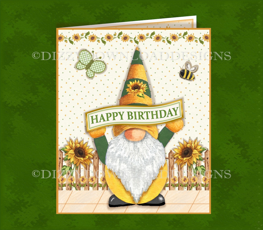 Sunflower Garden Gnome Downloadable Card Kit Decoupage Envelope Digital ...