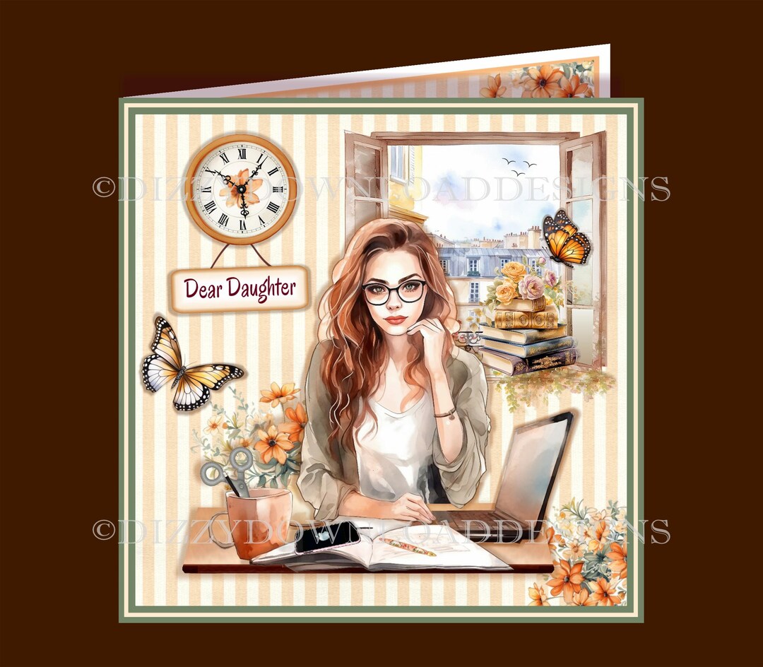 Computer Girl Downloadable Birthday Card With Inserts Sentiment Tiles ...