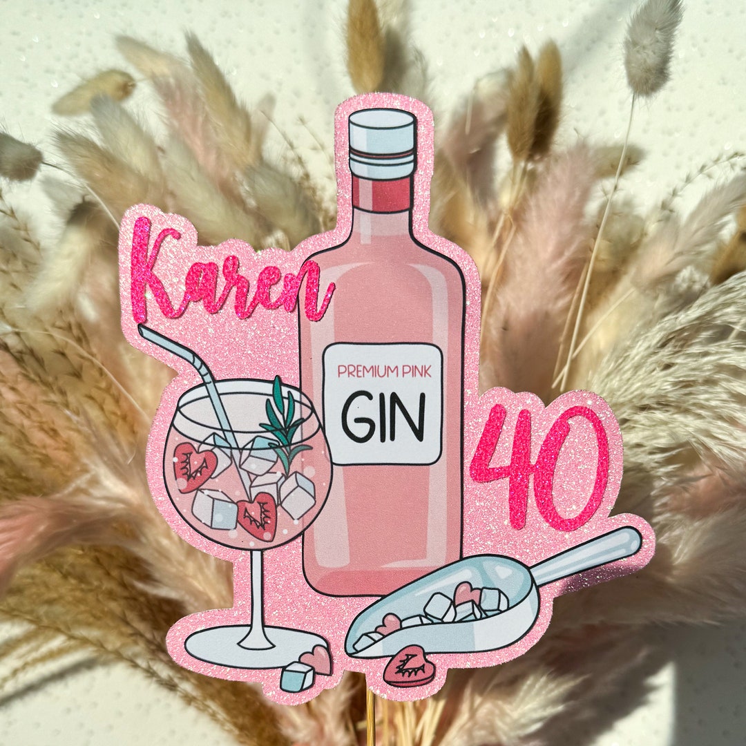Pink Gin Personalised Custom Glitter Happy Birthday Cake Topper Party ...