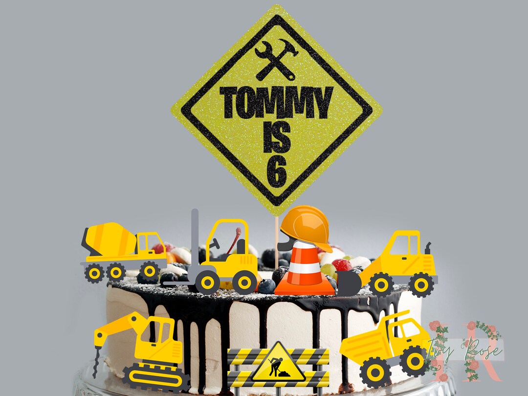 Construction Cake Topper Set Personalised Custom Glitter Name Age Party ...