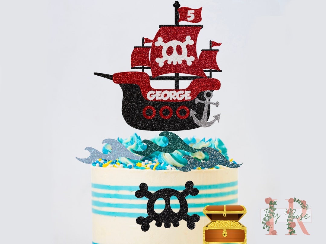 Pirate Ship Cake Topper Set Name Age Personalised Custom Glitter Party ...