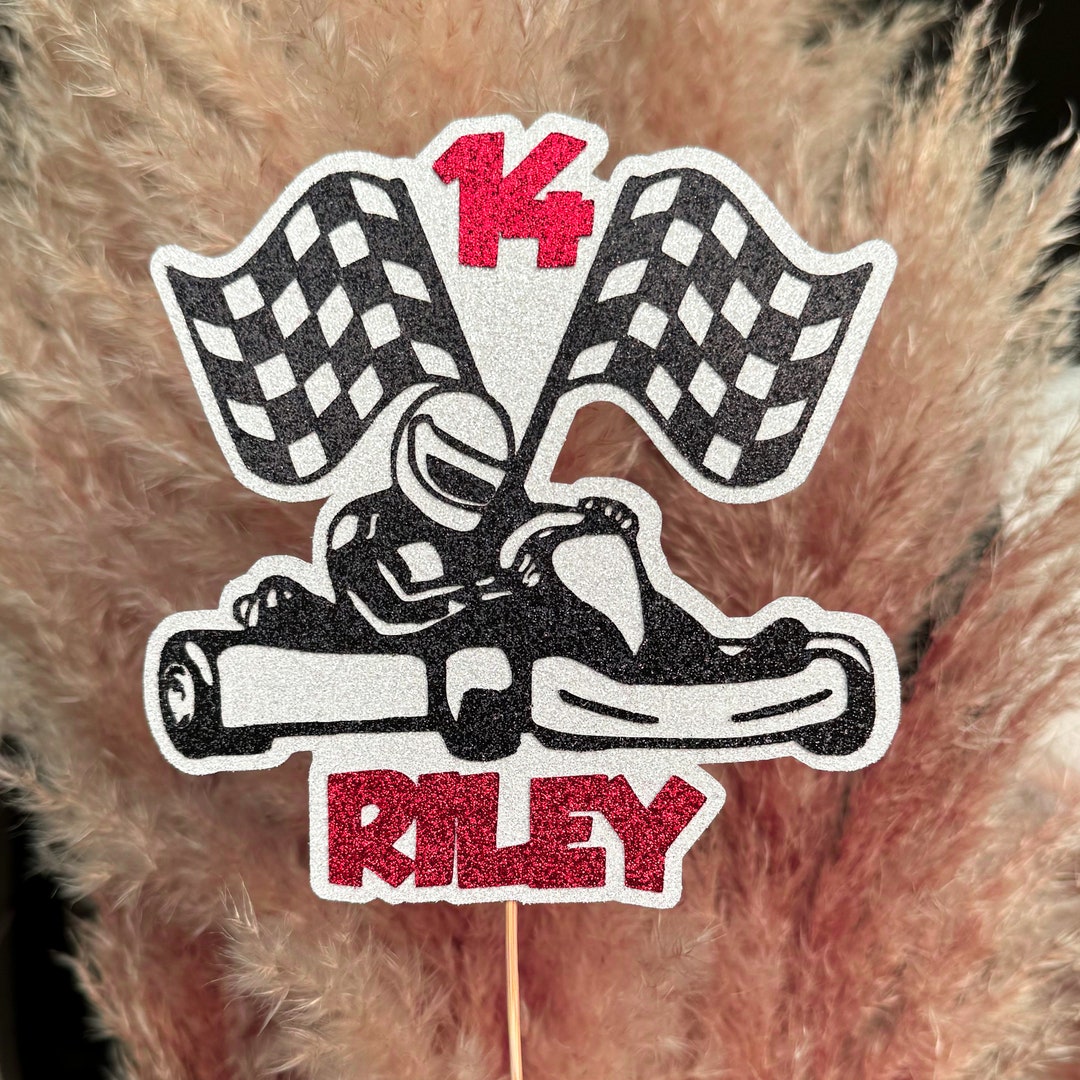 Go Kart Racing Flags Personalised Custom Glitter Name Age Cake Topper ...