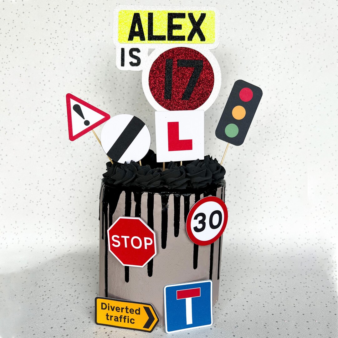 Driving Road Signs Cake Topper Set Personalised Custom Glitter Name Age ...