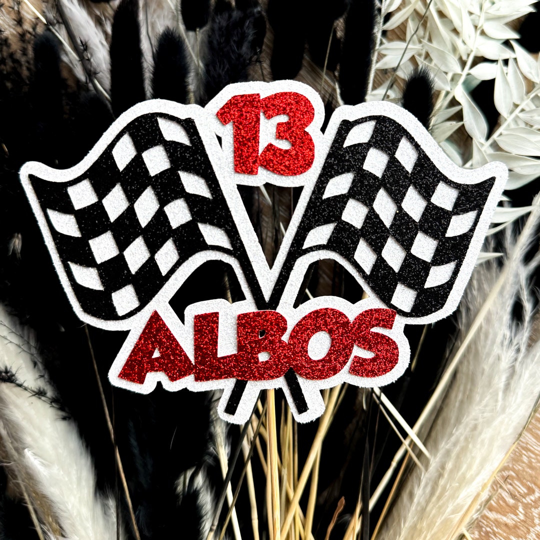 Racing Flags Personalised Custom Glitter Name Age Cake Topper Party ...