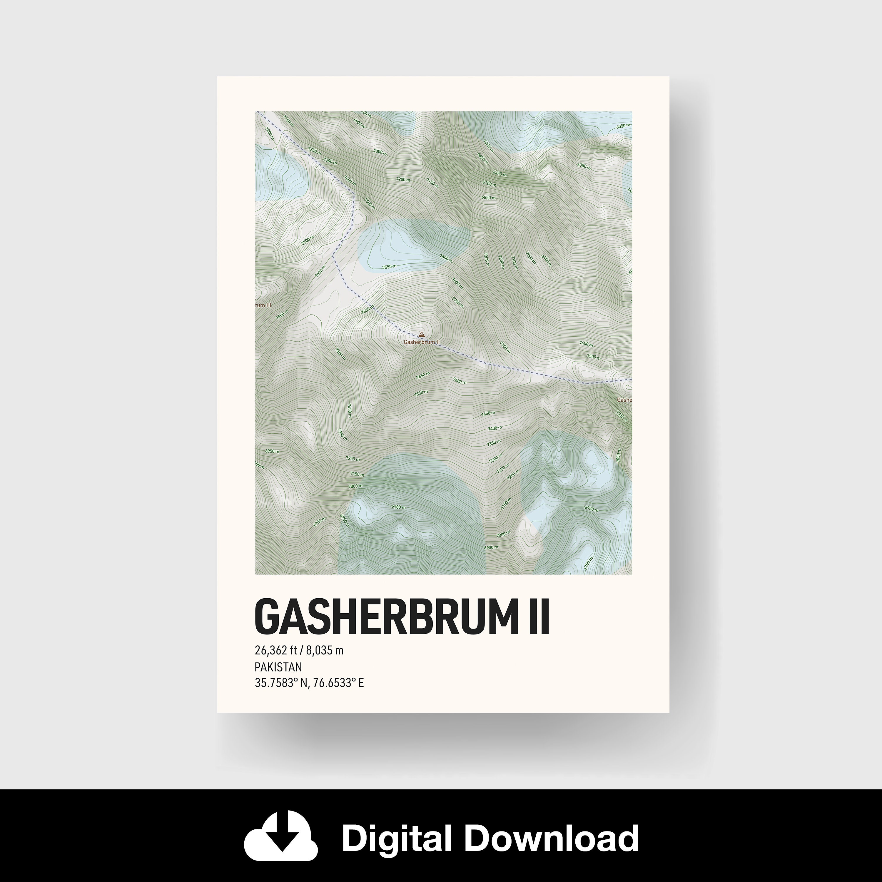 Gasherbrum 2 Topographic Poster, 14 Peaks Art Prints, Nature Prints ...
