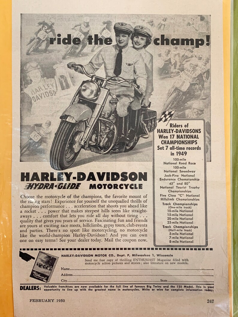 5x Vintage Motorcycle Advertisements - Harley Davidson- 1950's and 1970 ...