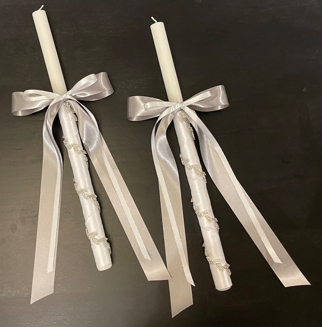 Lambades Greek Orthodox Wedding Candles - Sliver Rhinestone Leaves ...