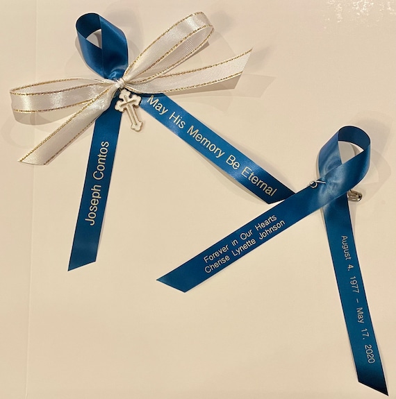 Personalized Memorial Ribbon Pins Custom Wording Pre cut Ribbons in 2 Styles Awareness Ribbons Blue and Gold Memorial Ribbons Etsy