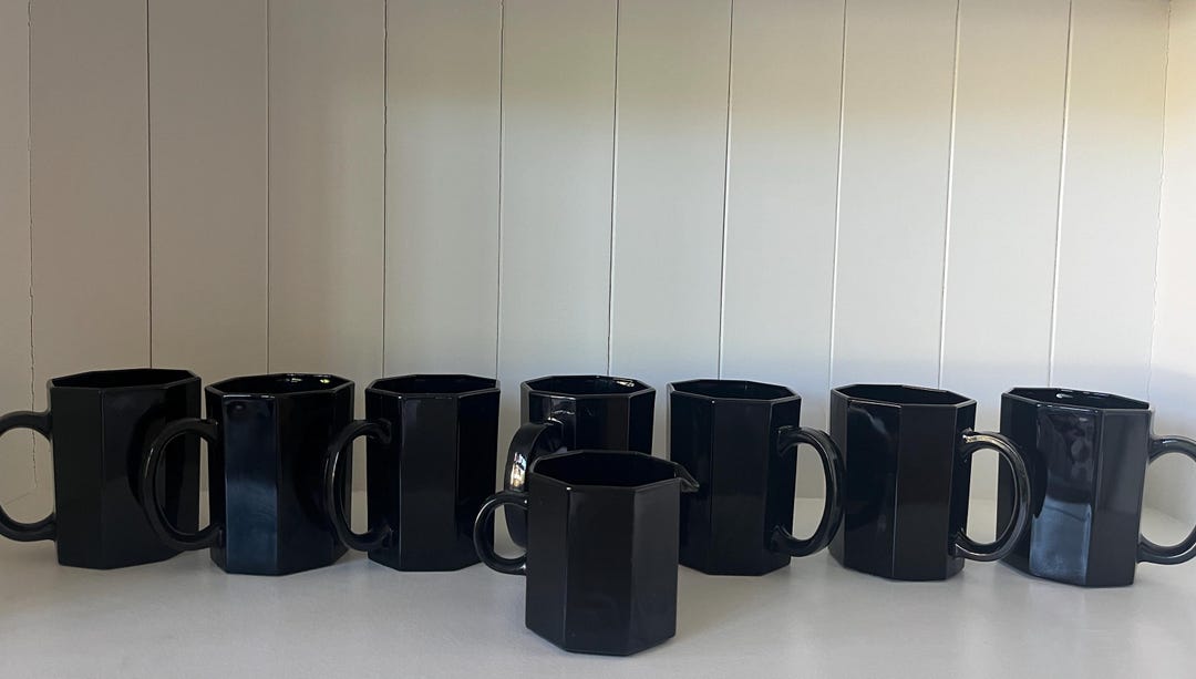 French Vintage Black Glass Octagon Mugs (7) and a Creamer. MCM Decor - Etsy