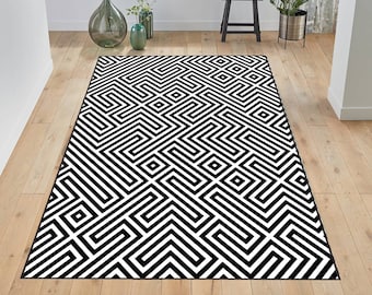 Black White Geometric Rug - Etsy