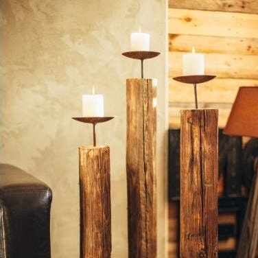 Kerzenständer aus Altholzbalken mit Metallplatten aus Edelrost Wohndeko ...