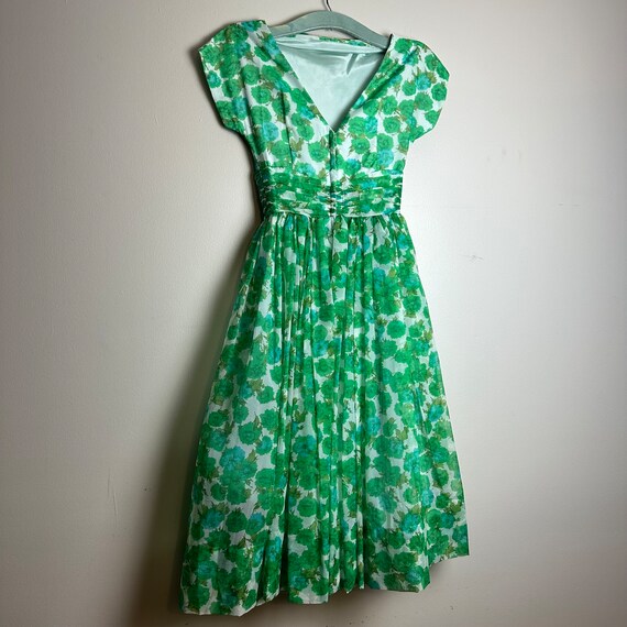 Vintage 1960s Green Blue Floral Midi Swing Dress With… - Gem