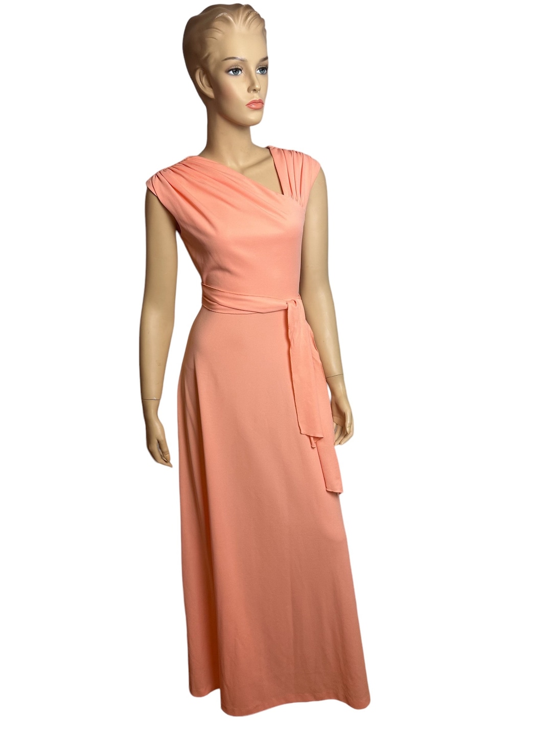 Vintage 1970s Peach Orange Pink Maxi Dress Gown Spring Summer V Neck ...