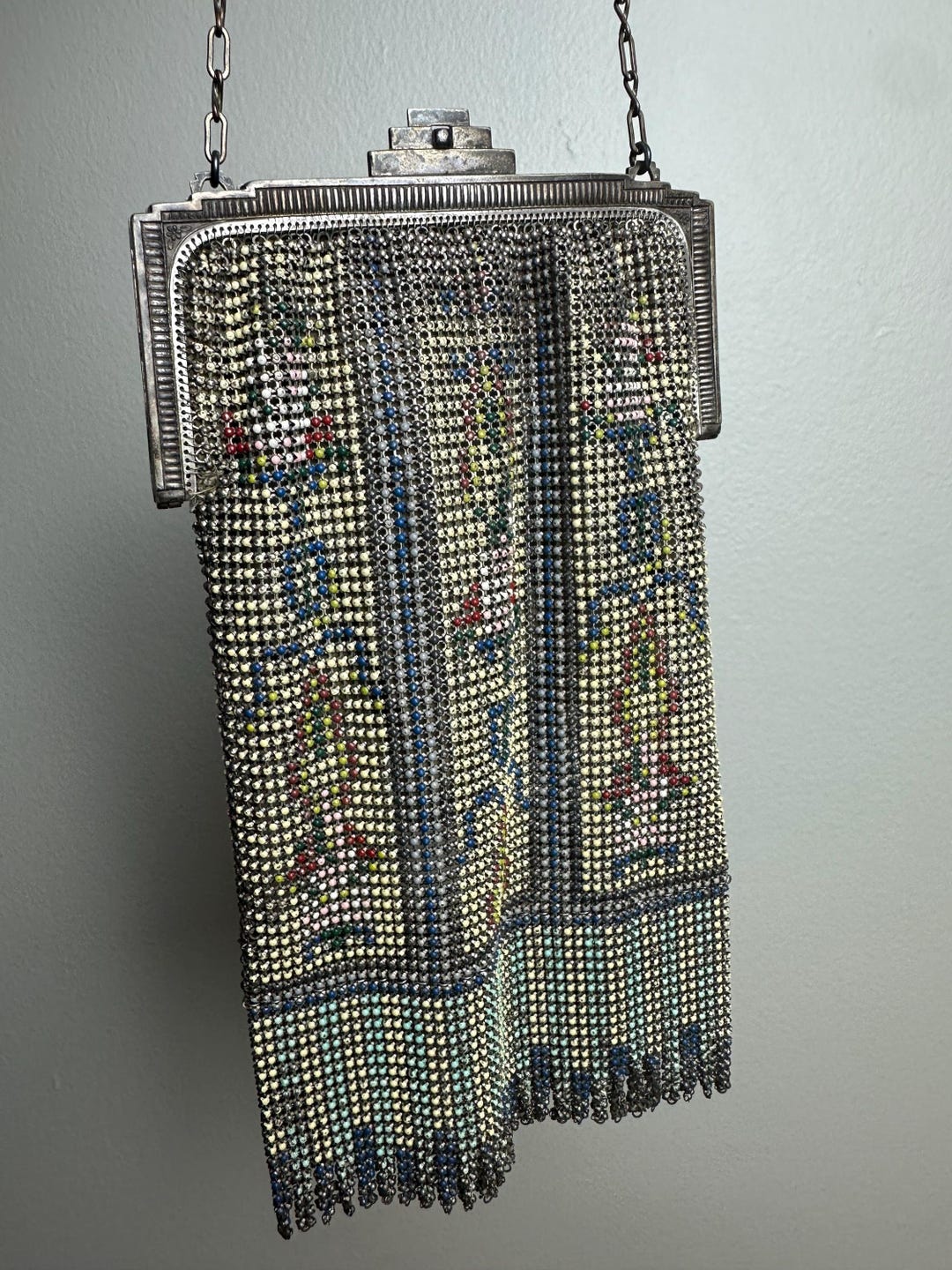 Vintage 1920s Art Deco Silver Tone Metal Mesh Flapper Purse Pink Blue ...