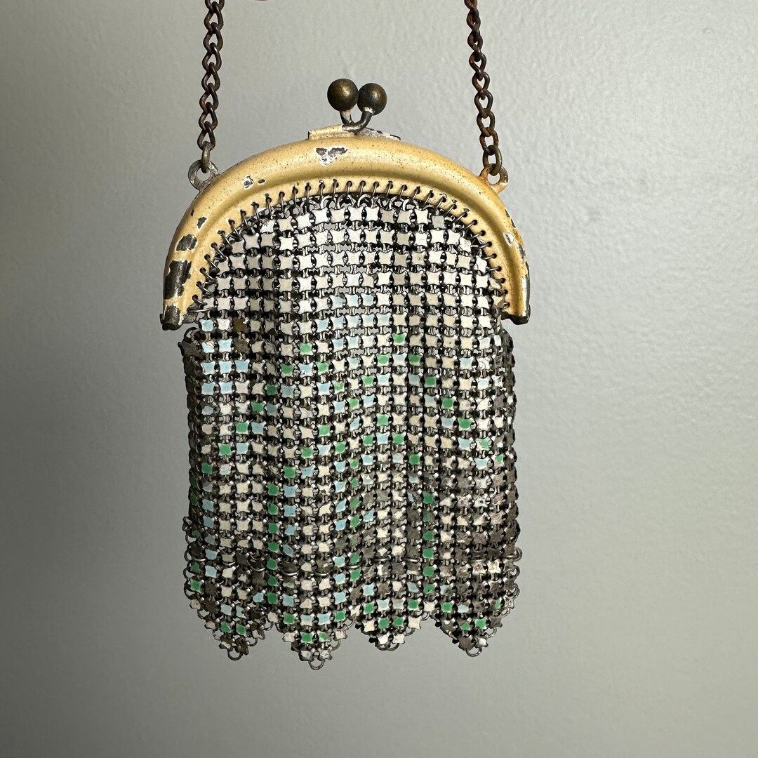 Antique 1920s Metal Mesh Chainmail Small Mini Coin Purse Bag Blue Green ...