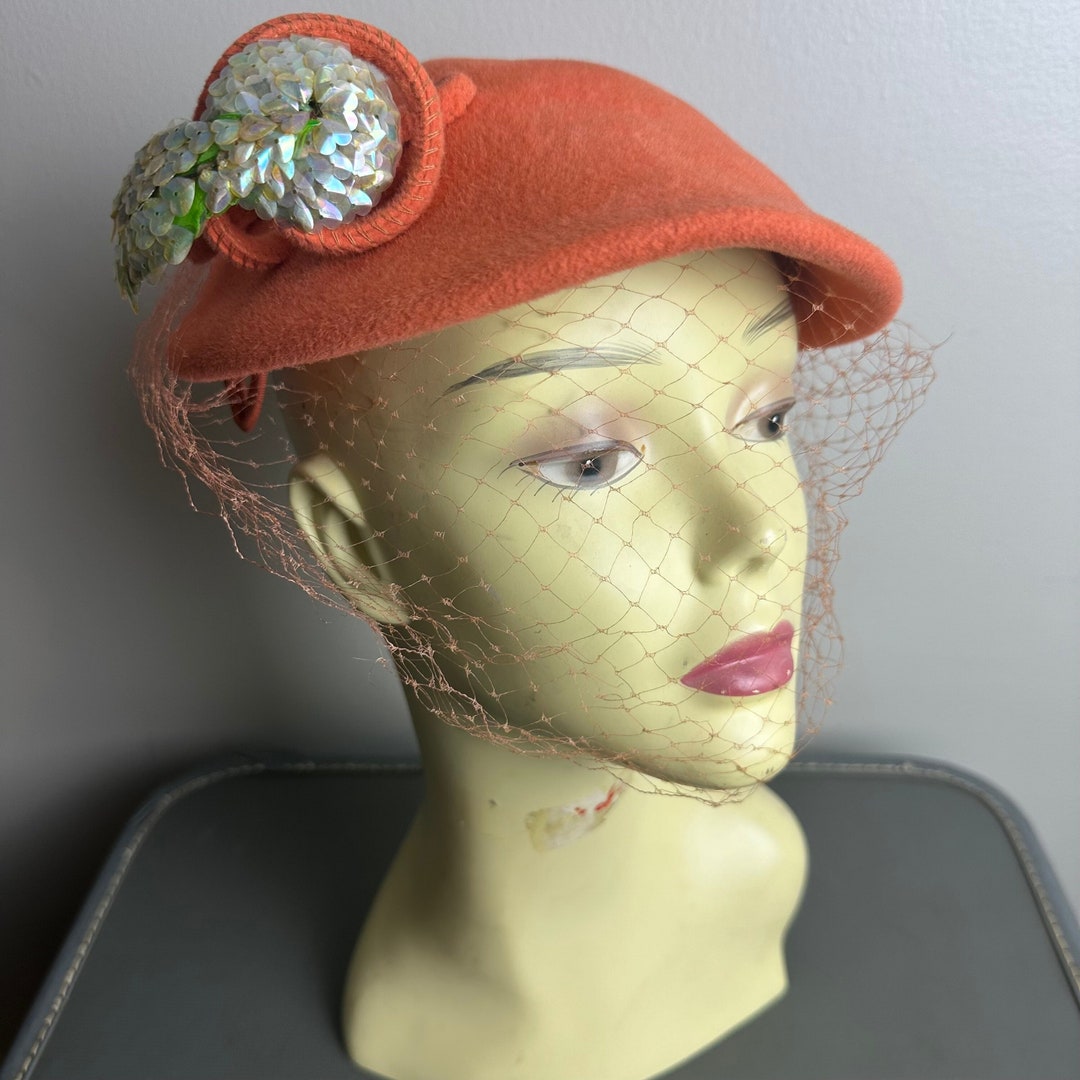 Vintage 1960s Orange Fruit Felt Sequin Fascinator Hat Net Veil - Etsy
