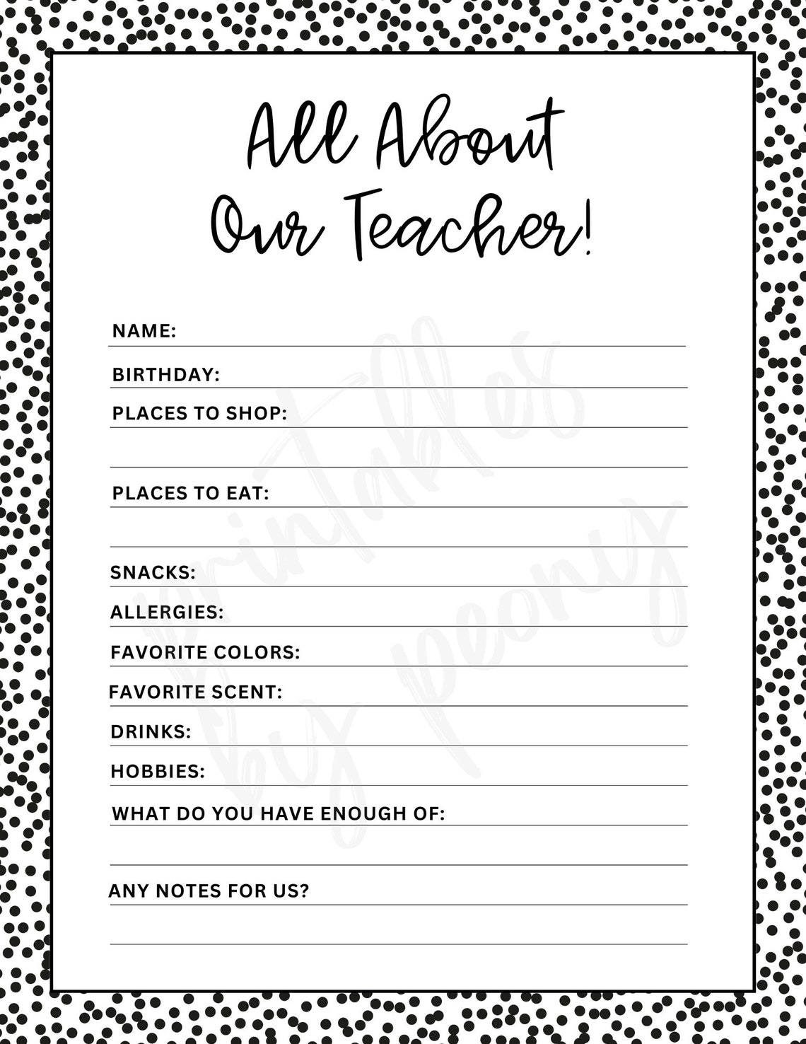 Teacher Favorite Things Questionnaire, Meet the Teacher Questions, Room ...