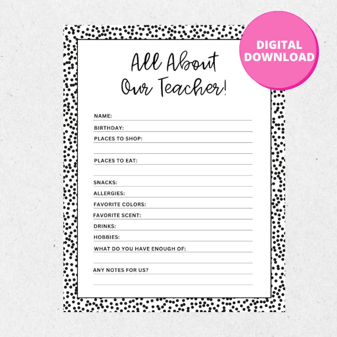 Teacher Favorite Things Questionnaire, Meet the Teacher Questions, Room ...