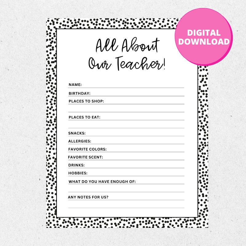 Teacher Favorite Things Questionnaire, Meet the Teacher Questions, Room ...