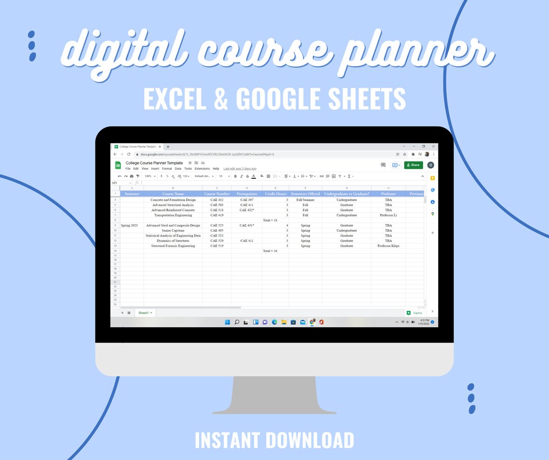 Course Planner Digital Download College, University, High School Course ...
